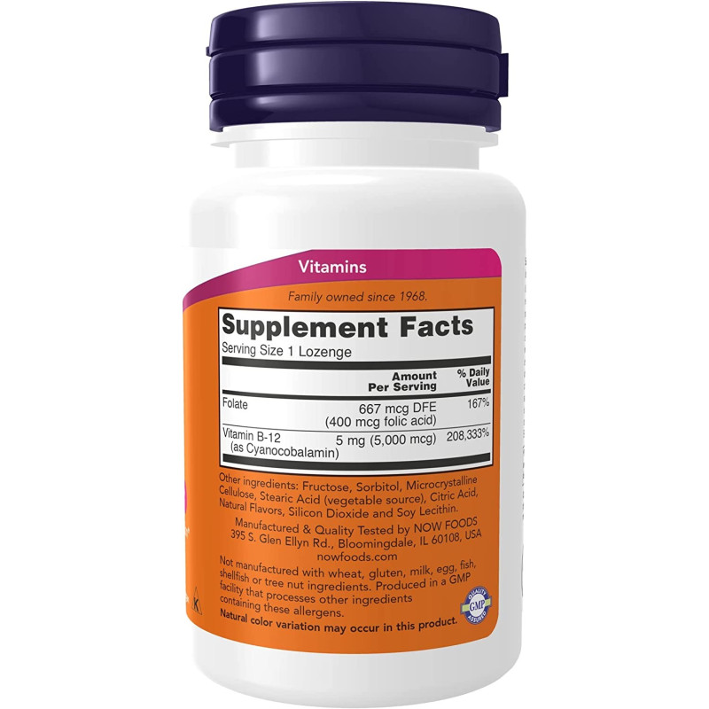Vitamin B-12 with Folic Acid - 5000mcg - 60 lozenges de NOW Foods